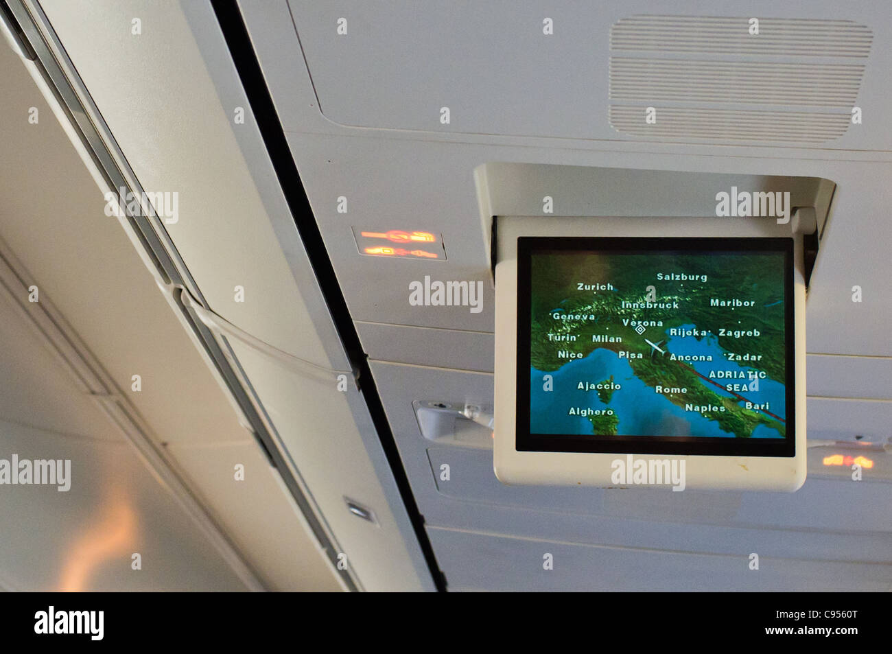 Aircraft GPS display monitors travel and route to destination Verona ...