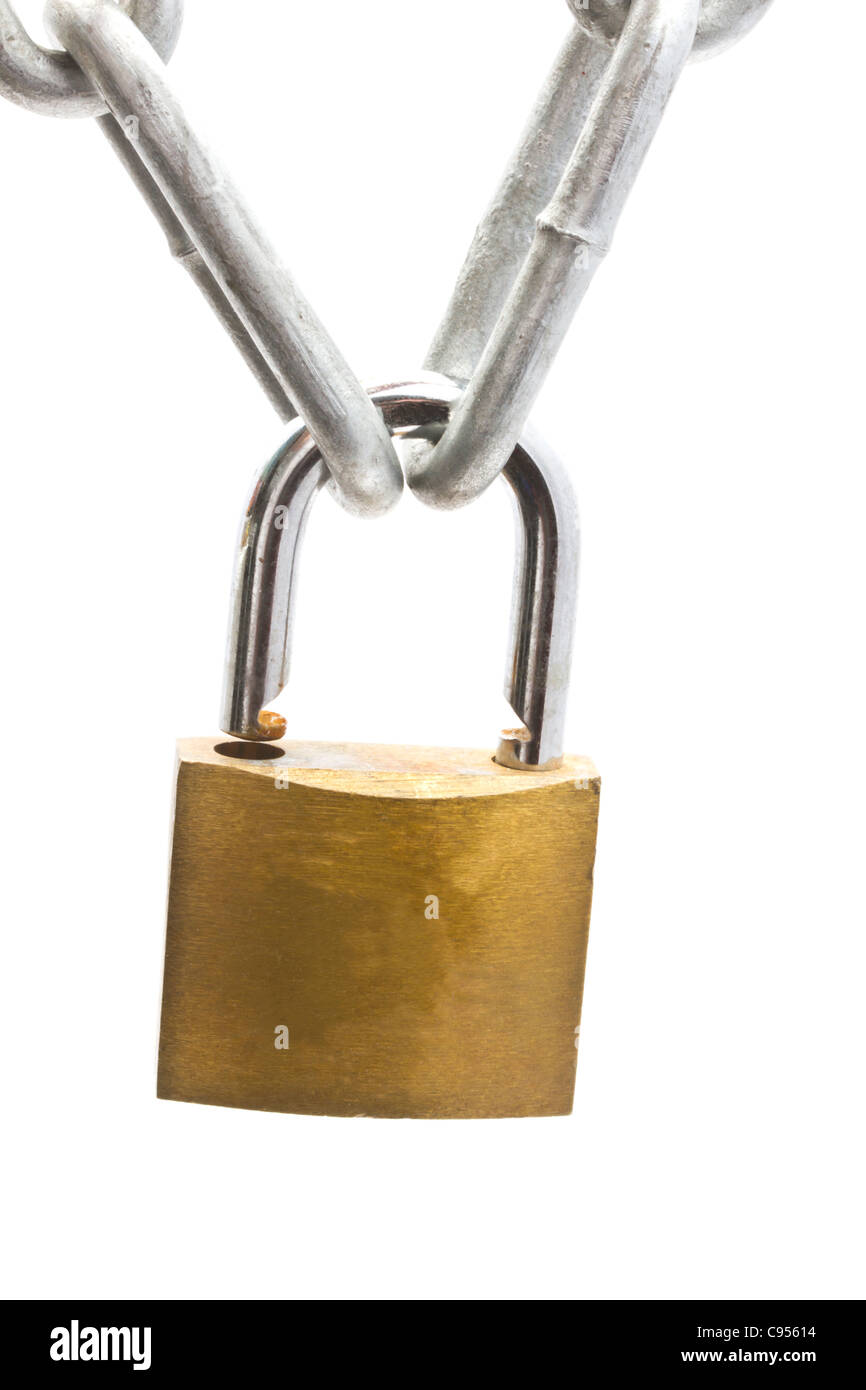 Padlock and chains closeup on white background Stock Photo - Alamy