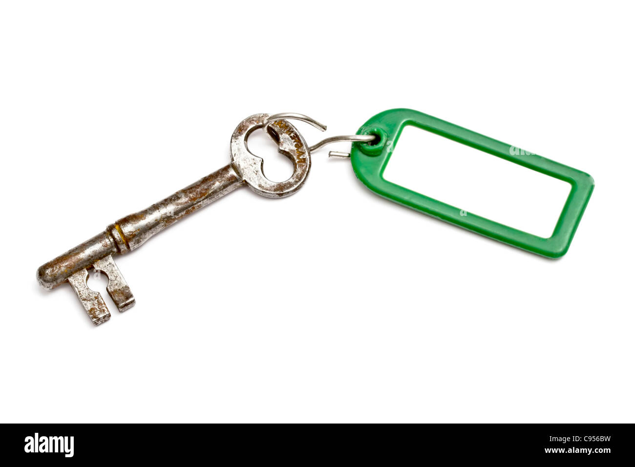 Blank tag and old key isolated on white background Stock Photo - Alamy