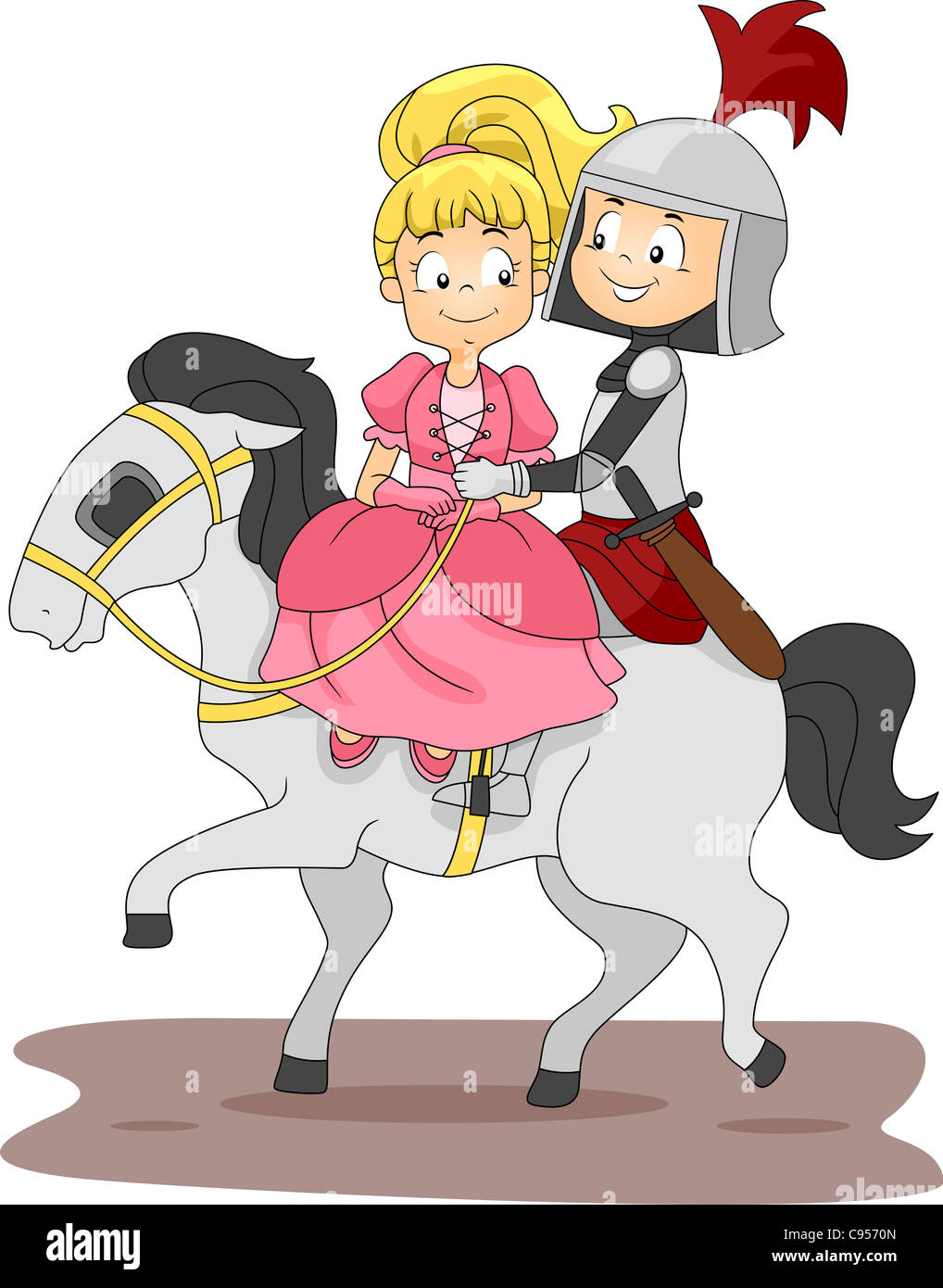 Illustration of a Knight and Princess Riding a Horse Stock Photo - Alamy
