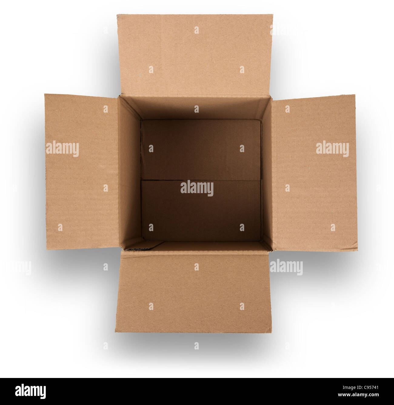 Open Cardboard Box. View from above and isolated on white with shadows ...