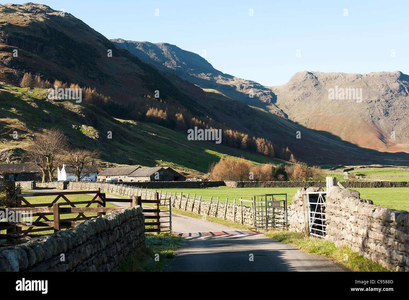 Typical Lakeland Farm in The Langdale Valley with Bow Fell and Rossett ...