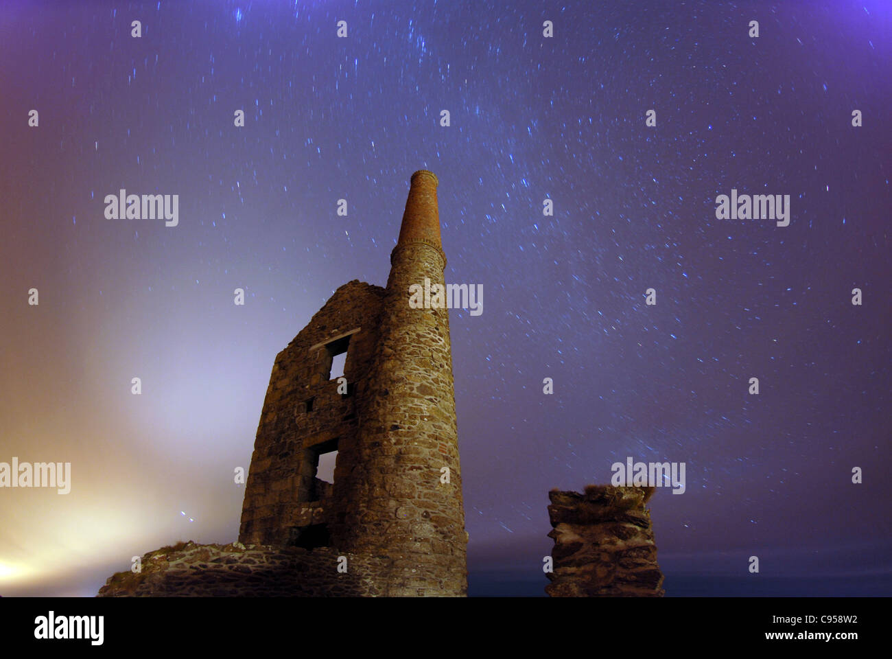 A engine house with a night sky background located in Cornwall Stock ...