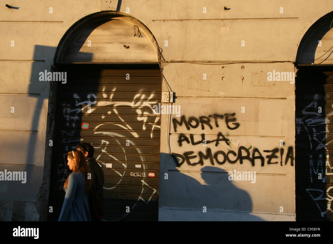 death to democracy graffiti at occupy rome movement rally demo in rome ...