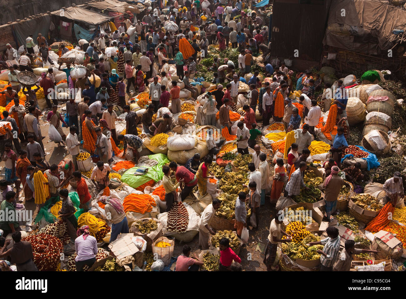 India, West Bengal, Kolkata, Mullik Ghat, flower market, elevated view ...