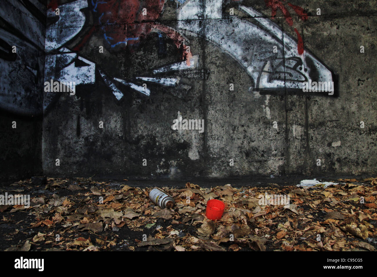 A discarded can of spray paint next to a graffiti covered wall Stock ...