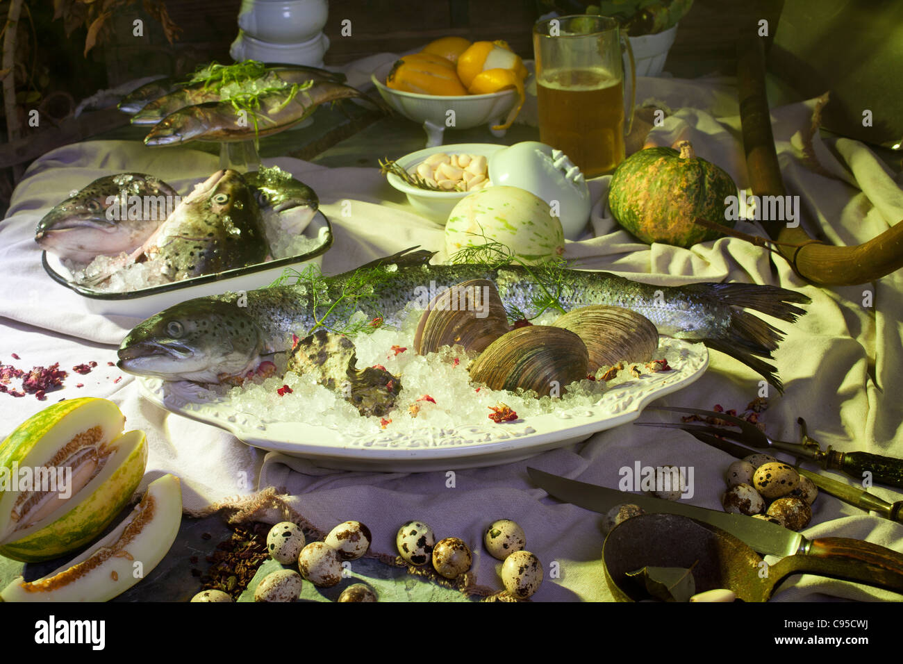 Fresh fish and fruit Stock Photo - Alamy