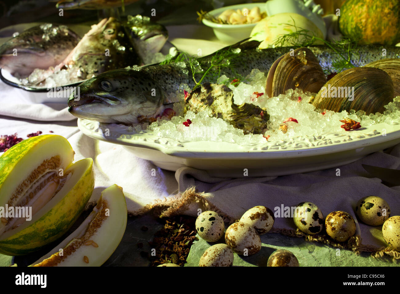 Fresh fish and fruit Stock Photo - Alamy