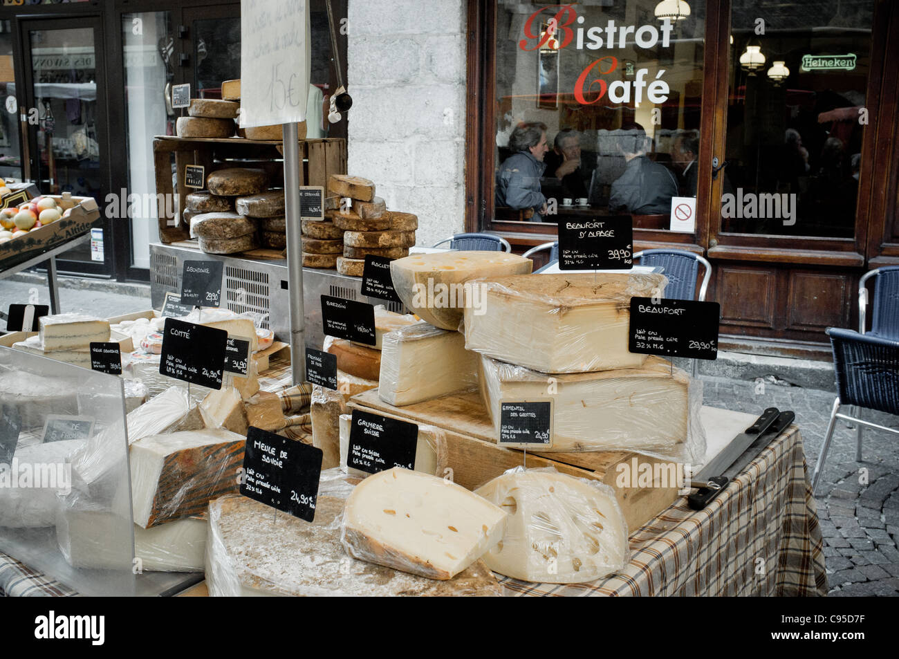 Cheese on display outside the Bistrot Cafe. Annecy, France. 20/09/2011 ...