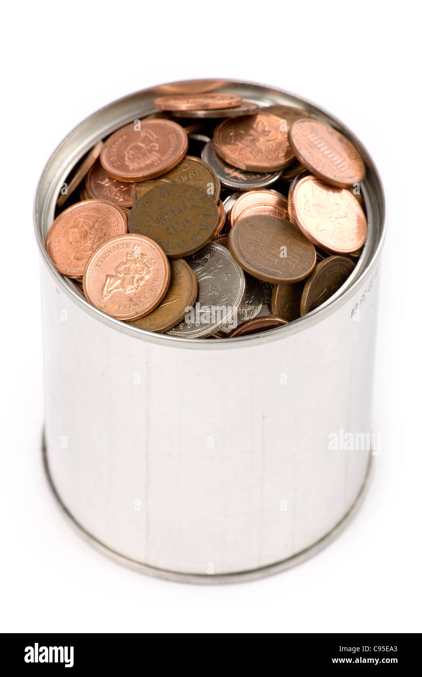coins and can with white background Stock Photo - Alamy
