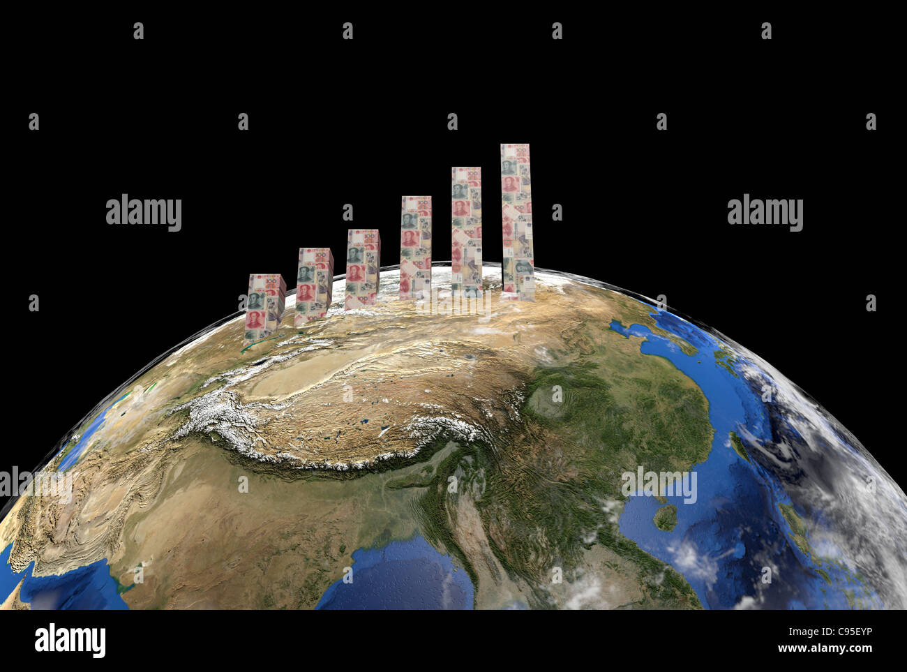 Yuan graph on globe showing Asia illustration Stock Photo - Alamy