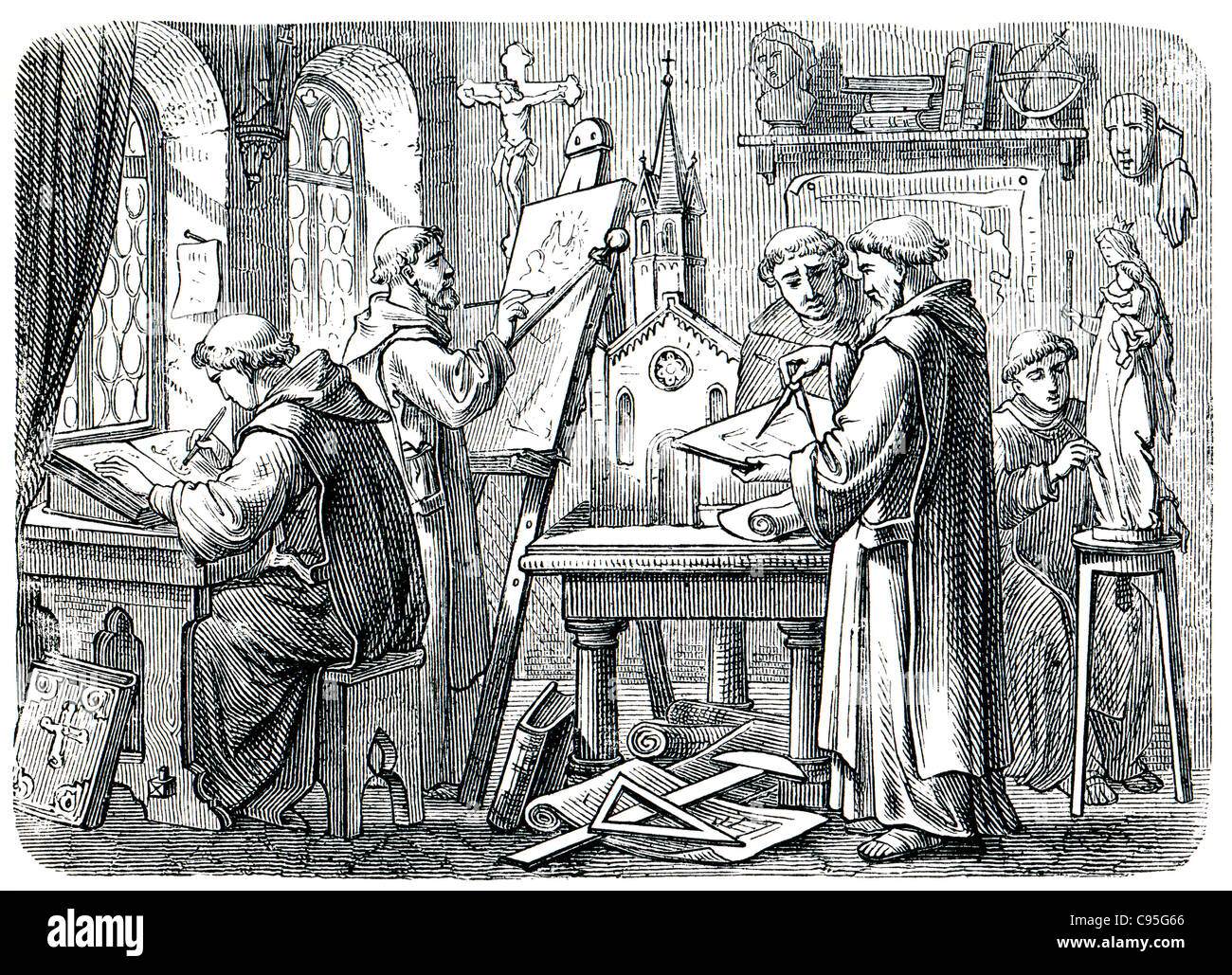 Old engravings. Depicts monks at work. The book "History of the Church ...