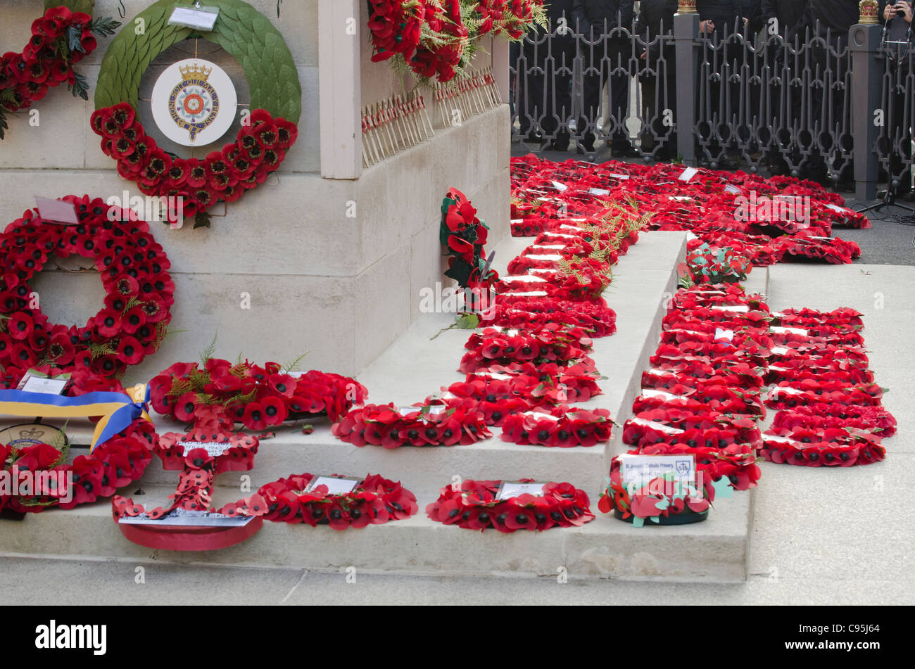 Poppy wreaths around the Cenotaph Whitehall London UK Remembrance ...