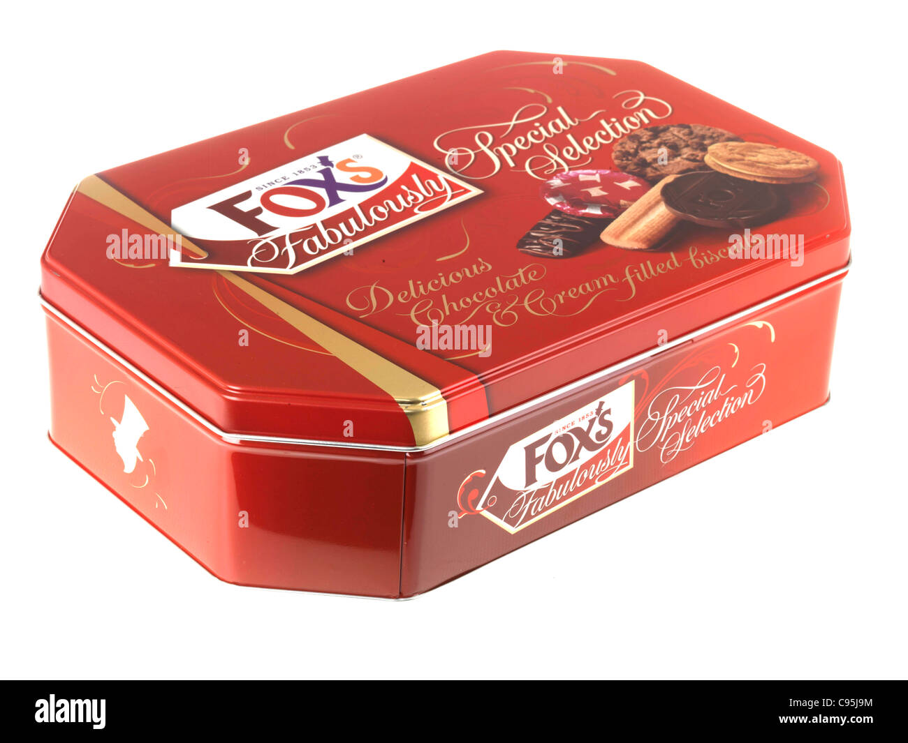 Red Tin Of Branded Fox's Biscuits Selection Isolated Against A White ...