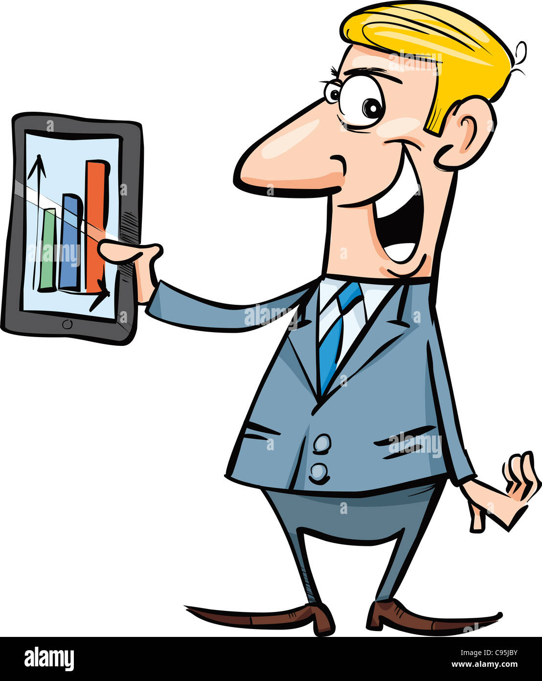 cartoon illustration of happy businessman with chart on tablet Stock ...