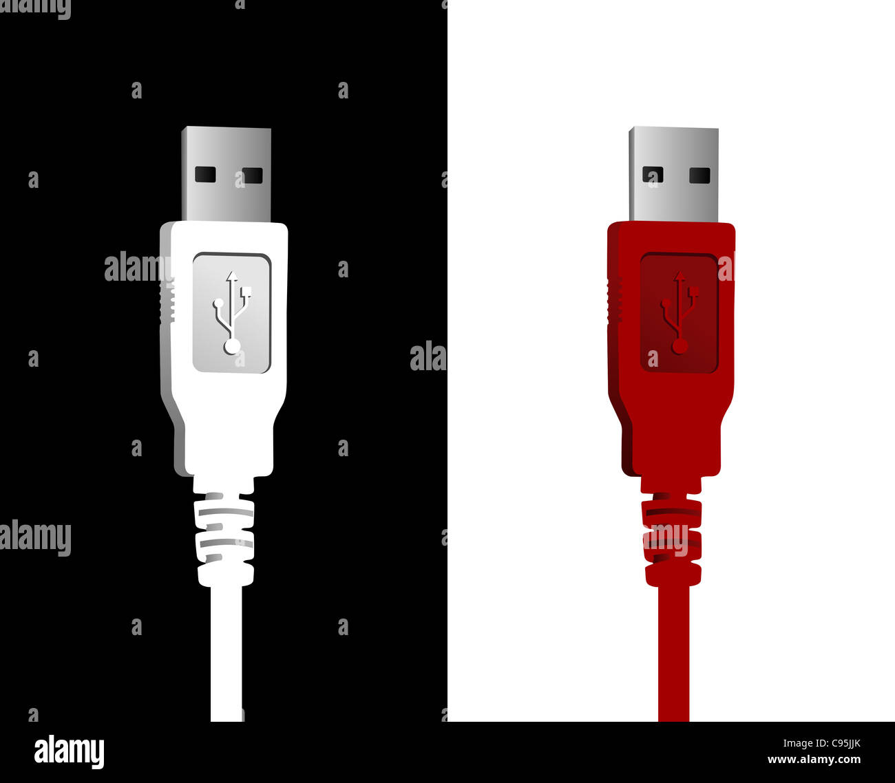 USB cables in red and white on black and white background. Vector file ...