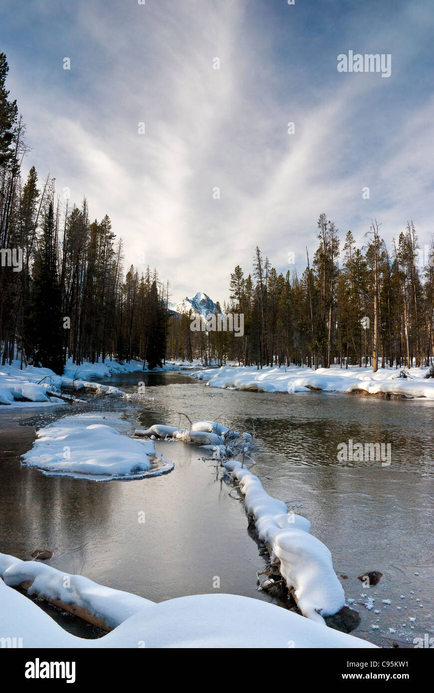 White covered stream with stream and forest hi-res stock photography ...