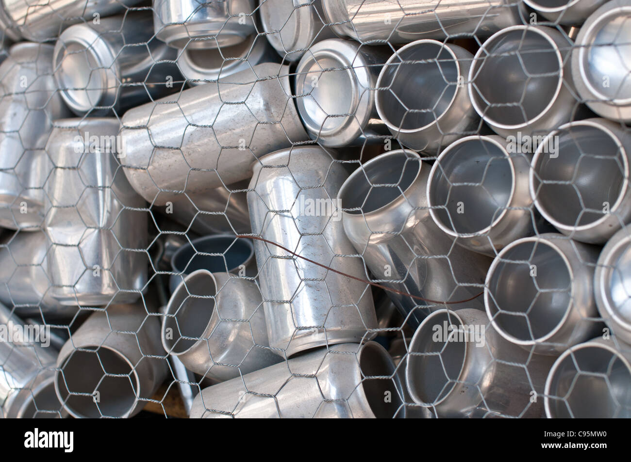 A container of aluminum drink cans collected for recycling Stock Photo ...