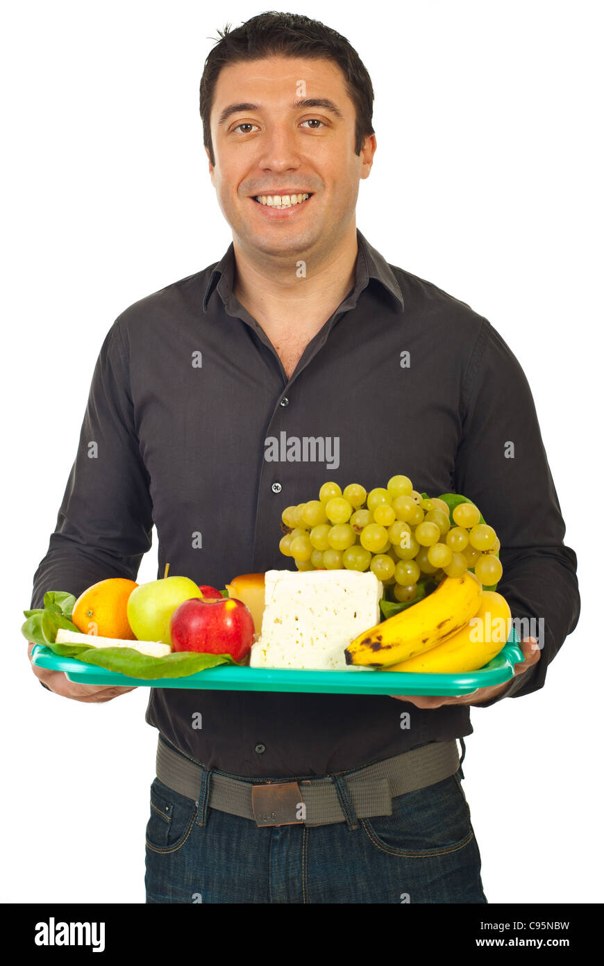 Happy man holding healthy food on plateau isolated on white background ...