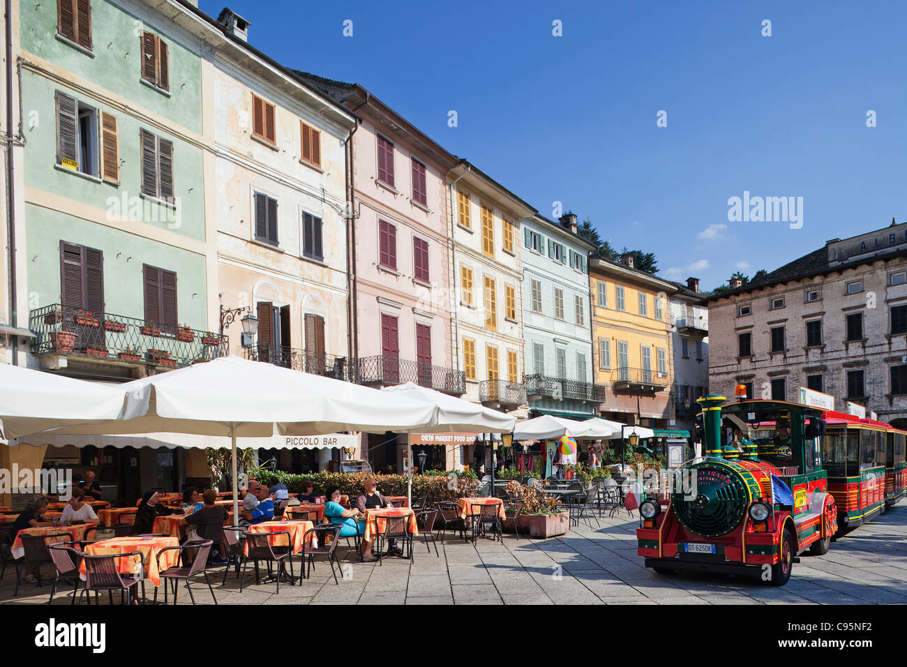 Italy, Piedmont, Lake Orta, Orta Town, Cafes in the Piazza Mario Motta ...