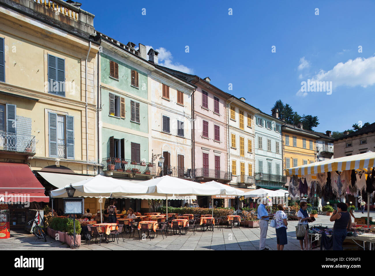 Italy, Piedmont, Lake Orta, Orta Town, Cafes in the Piazza Mario Motta ...