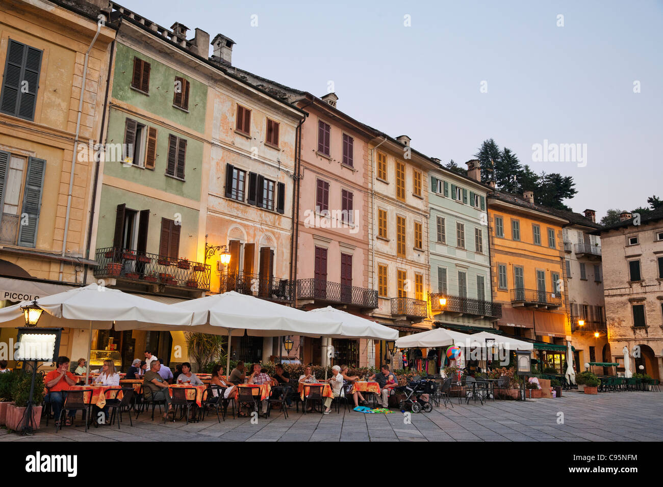 Italy, Piedmont, Lake Orta, Orta Town, Cafes in the Piazza Mario Motta ...
