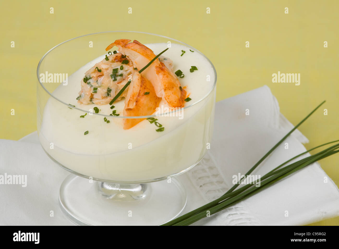 White asparagus mousse with chives and lobster tartar Stock Photo - Alamy