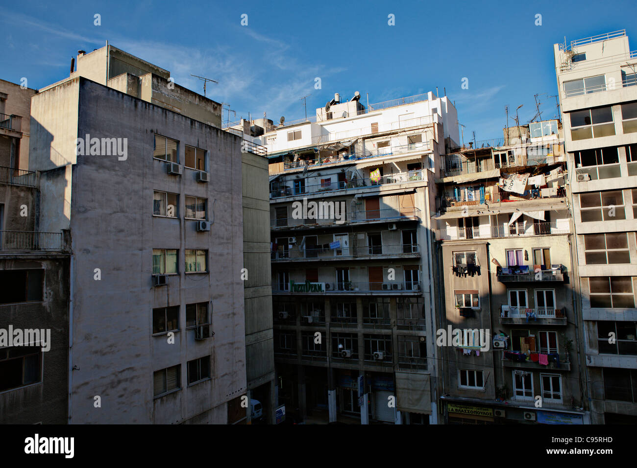 Immigrants living in balconies in Omonoia (Omonoias) district in the ...