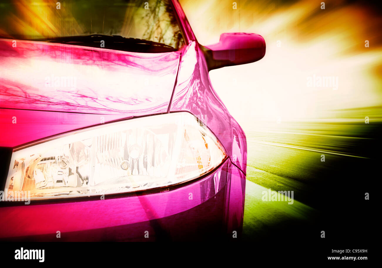Pink Sport Car - Front side - on the road Stock Photo - Alamy
