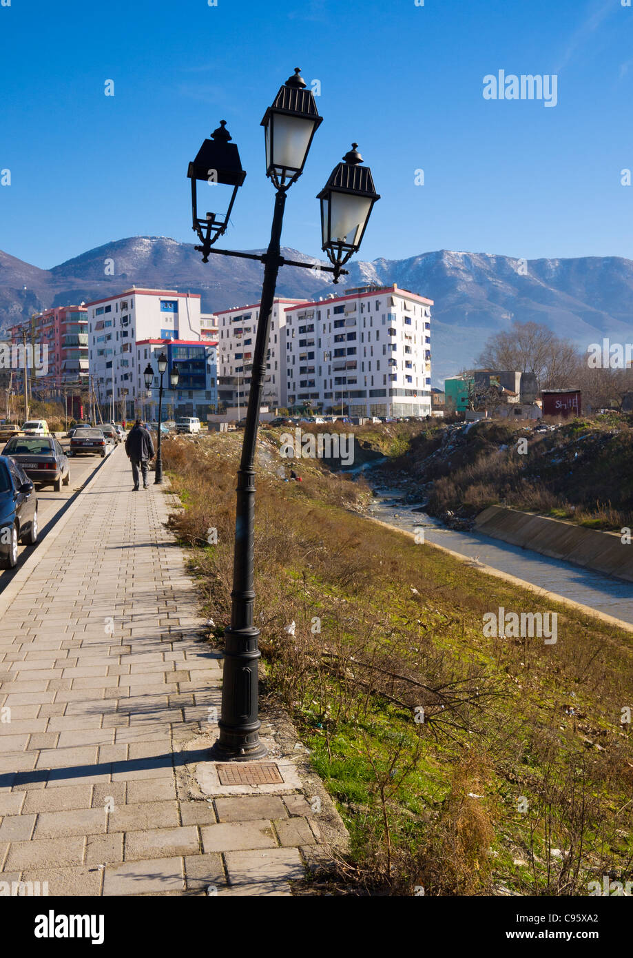 A crooked lamppost on Bulevardi Zhan D'Ark, Tirana, Albania, beside the ...