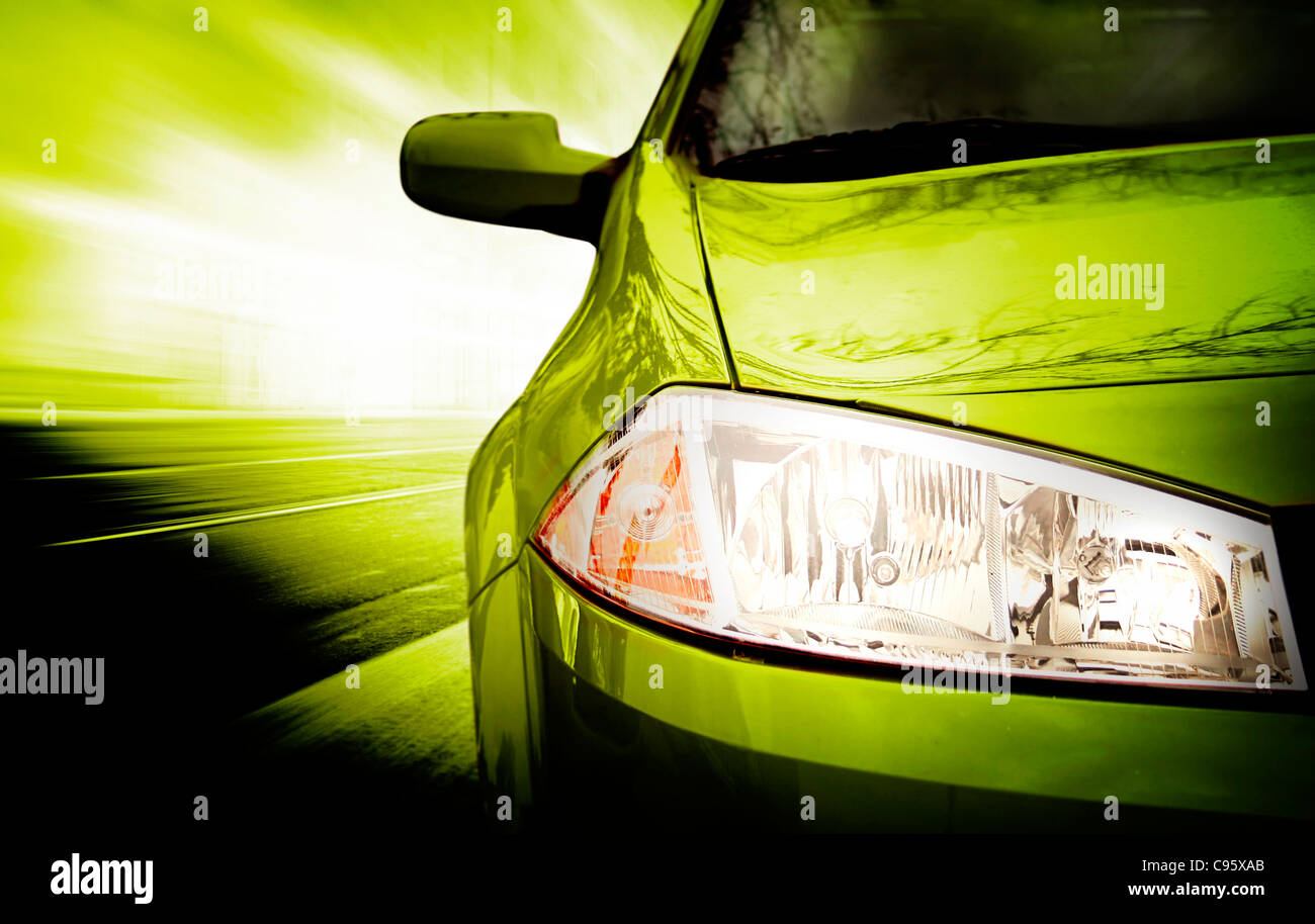 Green Sport Car - Front side - on the road Stock Photo - Alamy