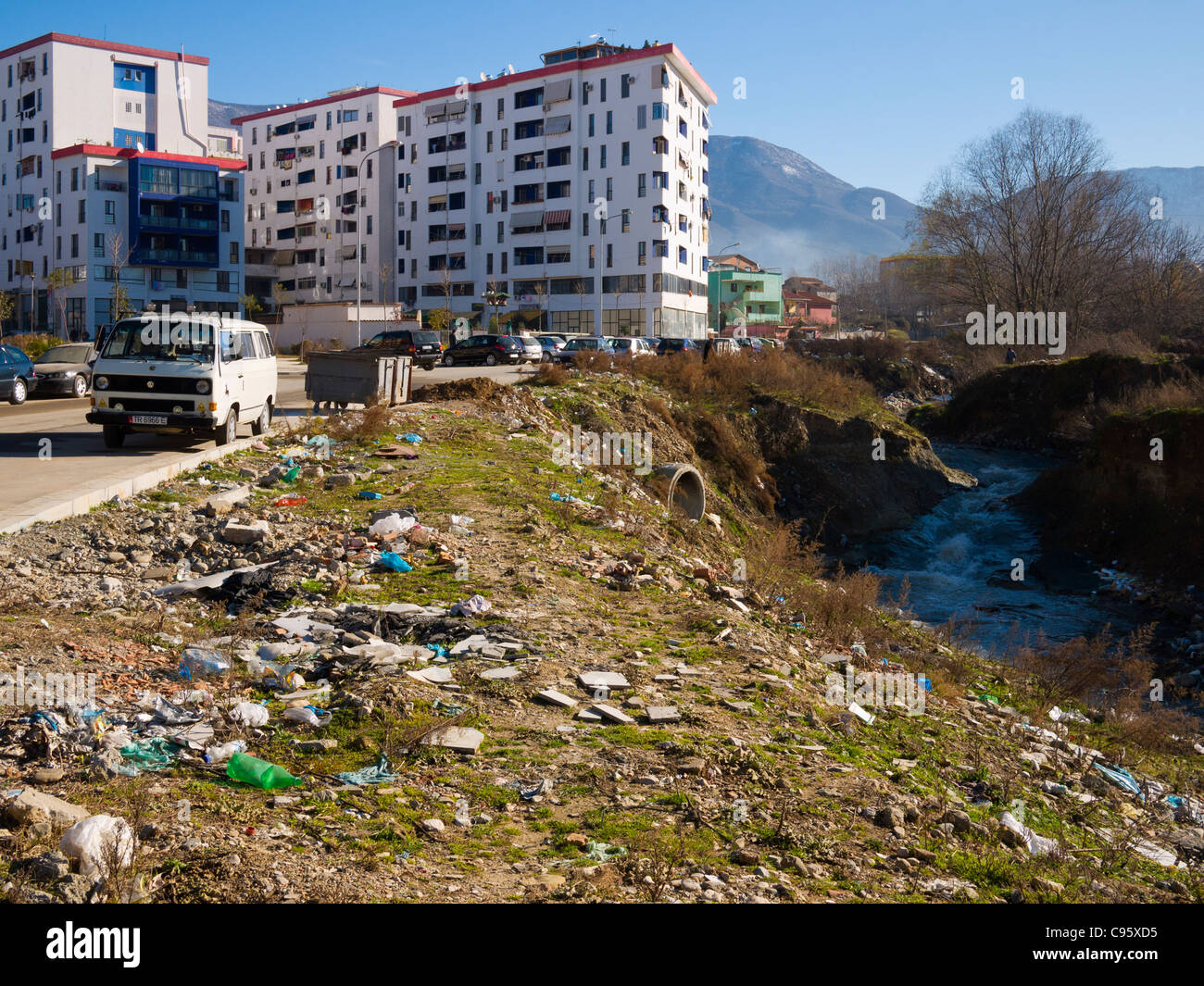 Litter on the banks of the River Lana, Bulevardi Zhan D'Ark, Tirana ...
