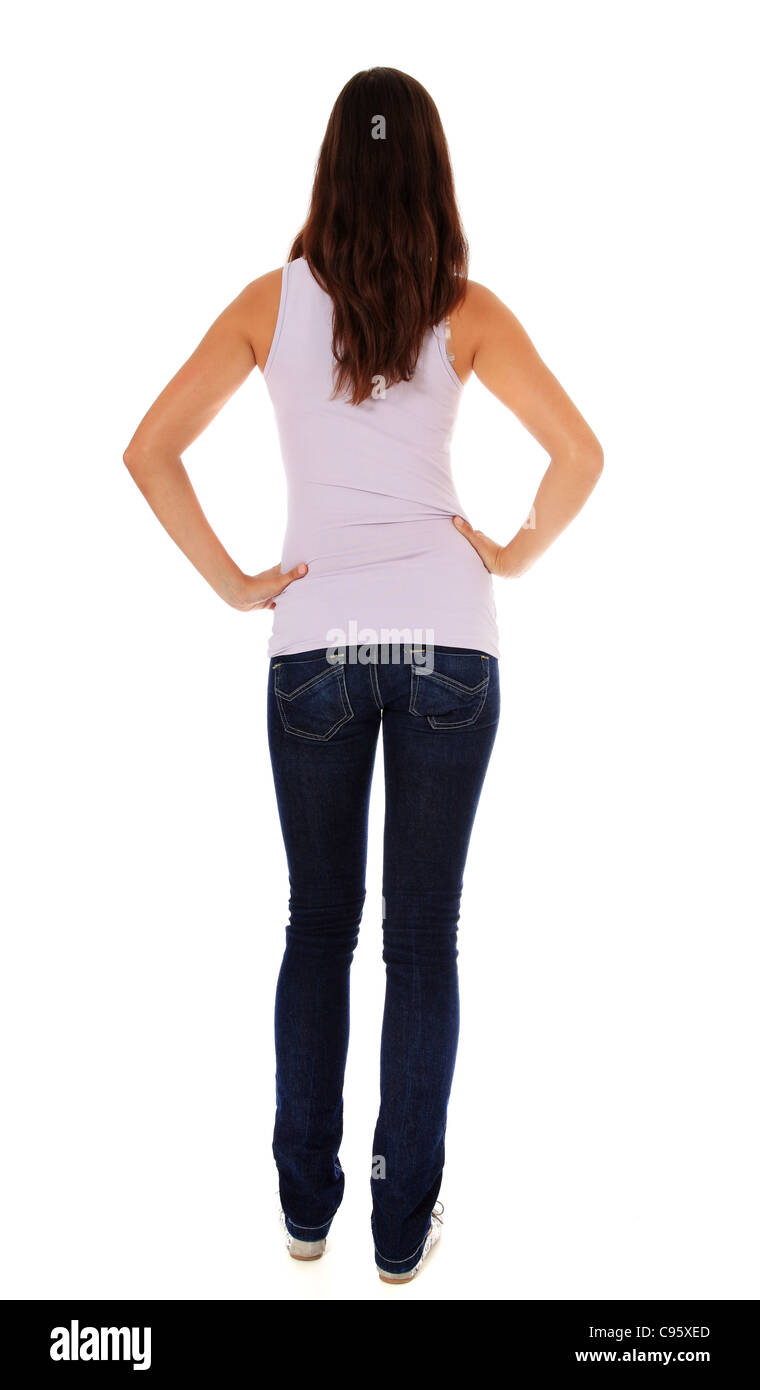 Back view of an attractive young woman. All on white background Stock ...