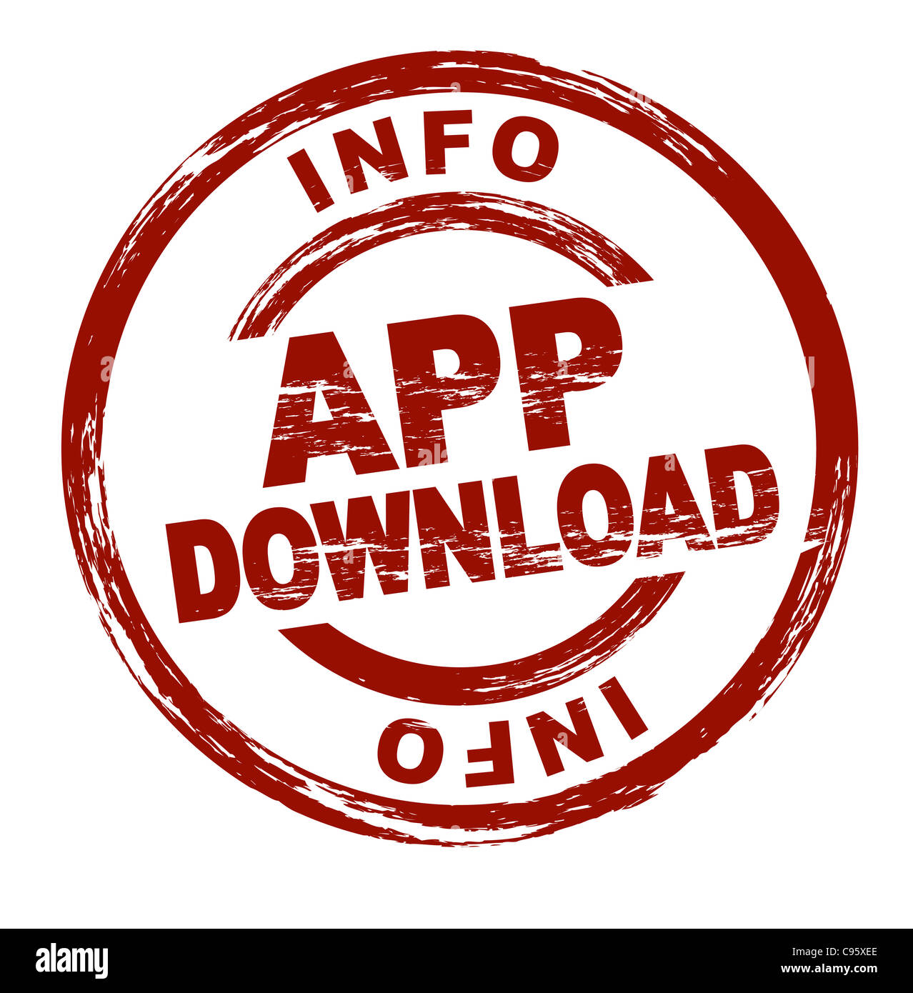 Stylized red stamp showing the term info app download. All on white ...