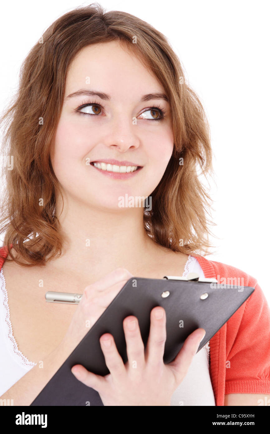 Attractive young woman doing a survey. All on white background Stock ...