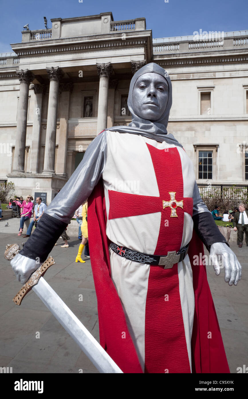England, London, Trafalgar Square, Human Statue depicting St.George ...