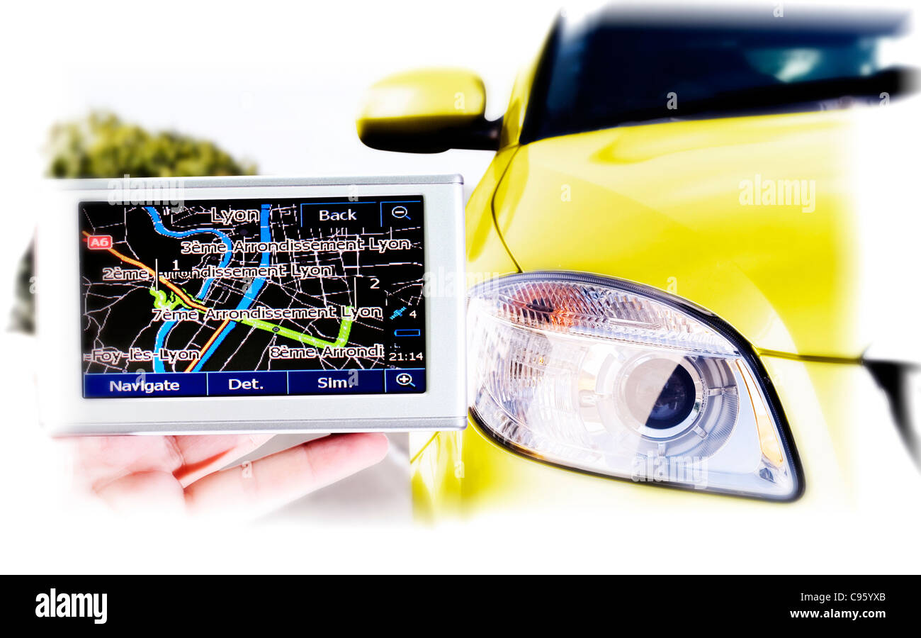 Gps in a man hand. Find your way ! Stock Photo - Alamy