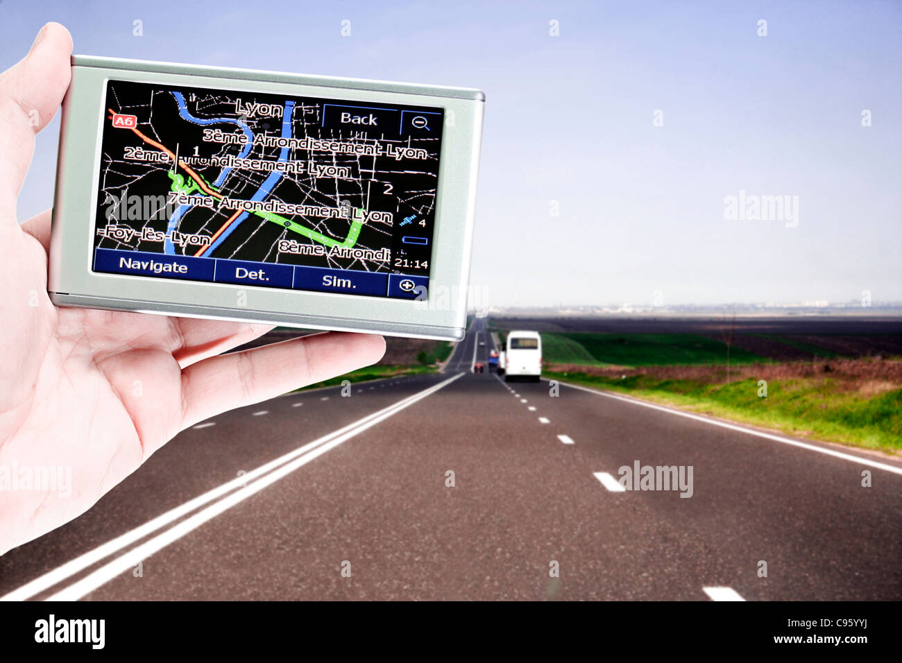 gps in a man hand. car on the highway Stock Photo - Alamy