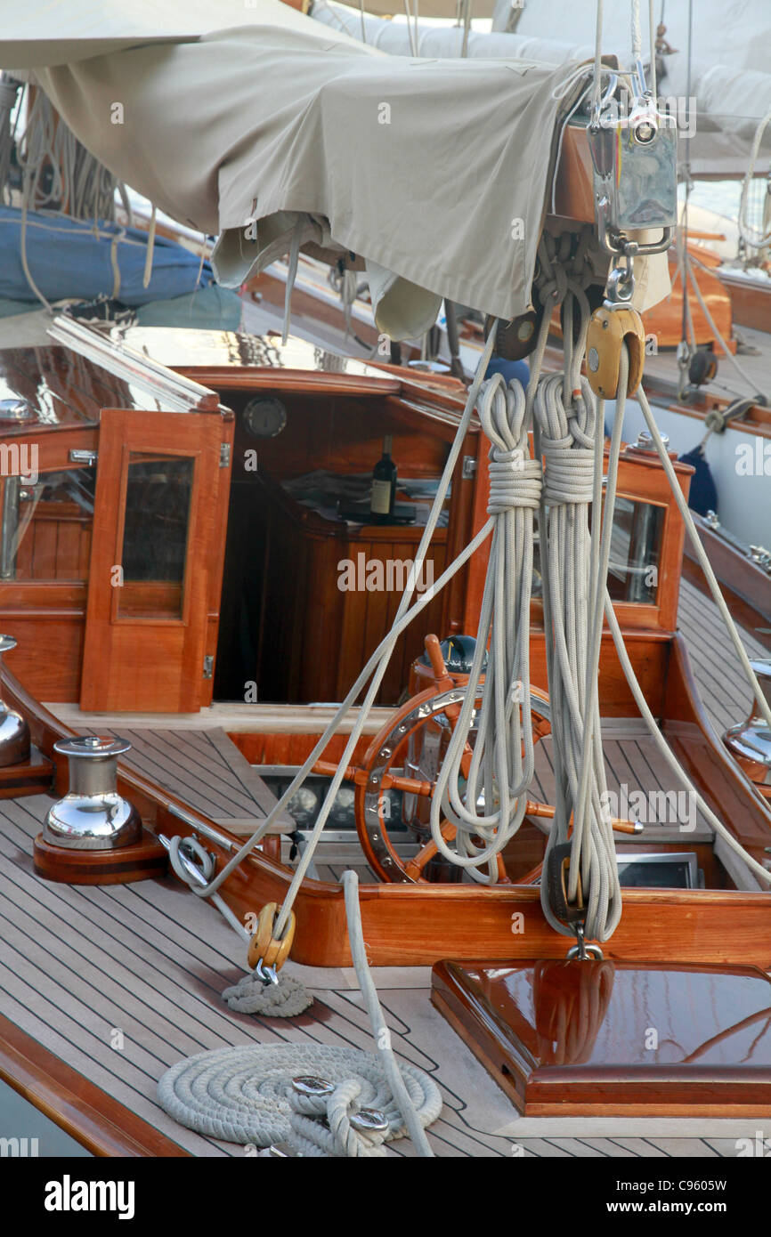 Classic yacht wooden deck detail Stock Photo - Alamy