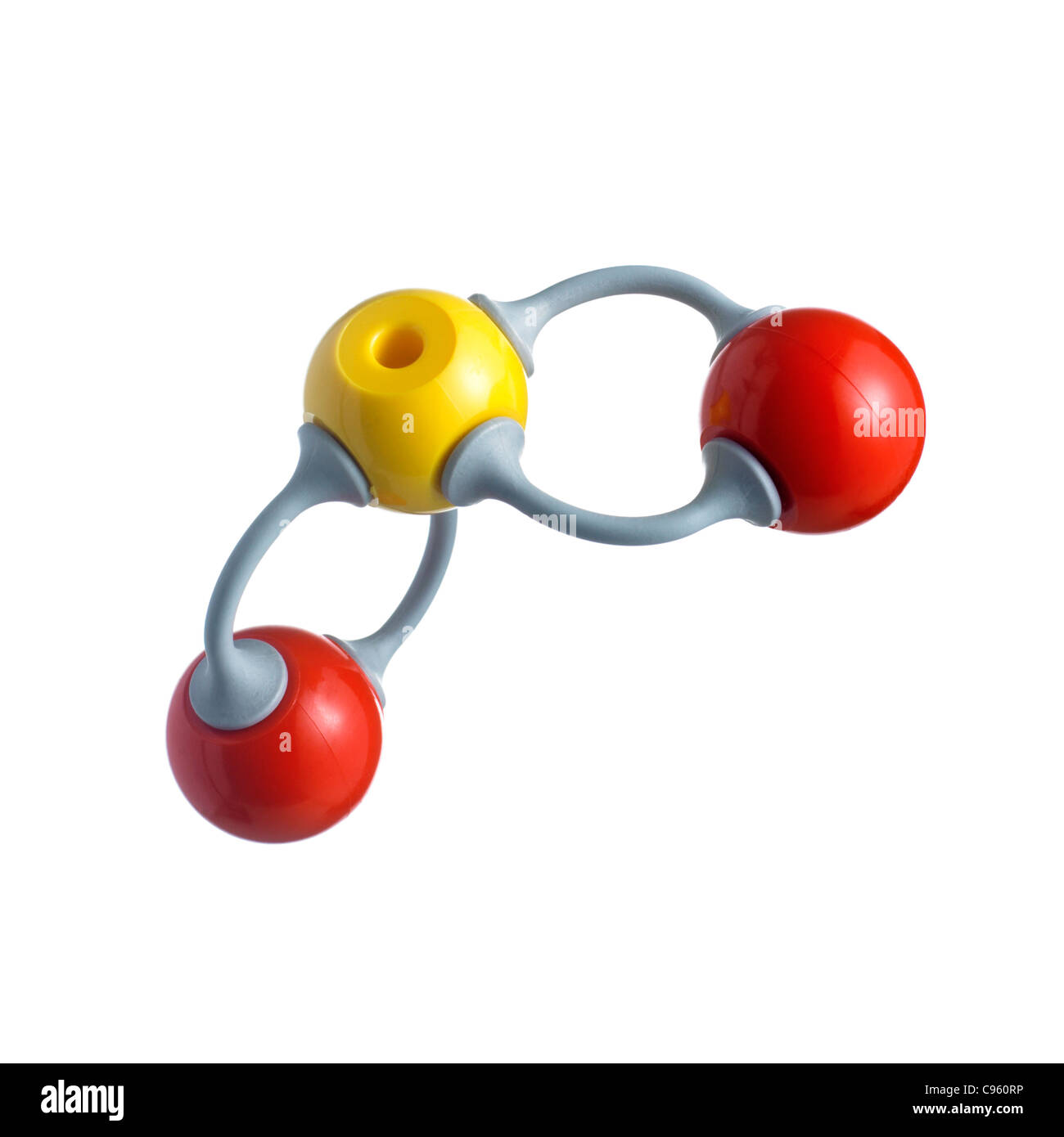 Sulphur dioxide molecule. Atoms are represented as spheres and are ...