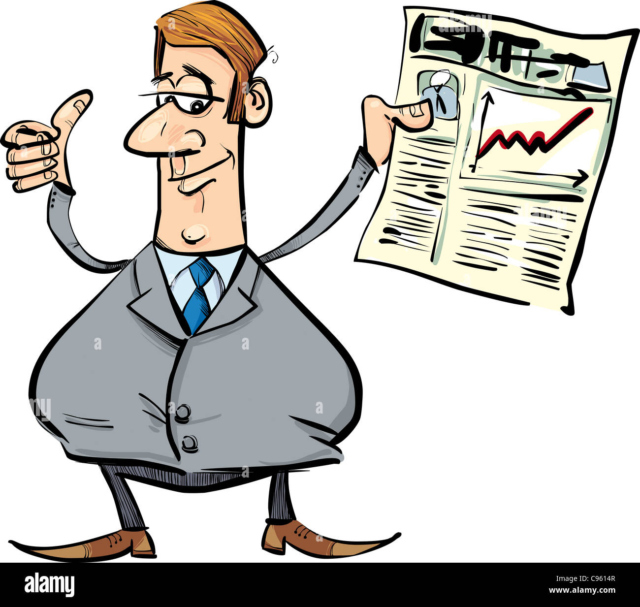 cartoon illustration of businessman with newspaper satisfied for share ...