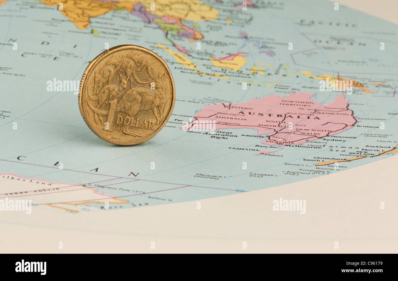 An Australian dollar on a map of Australia Stock Photo - Alamy