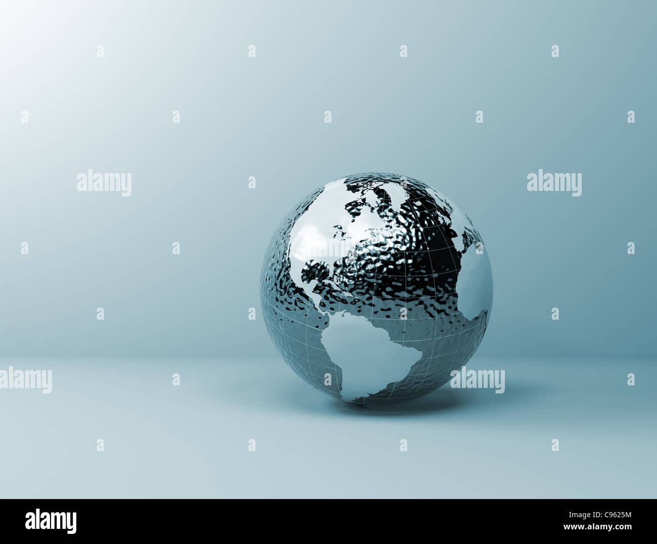Metallic world globe with visible water ripples Stock Photo - Alamy