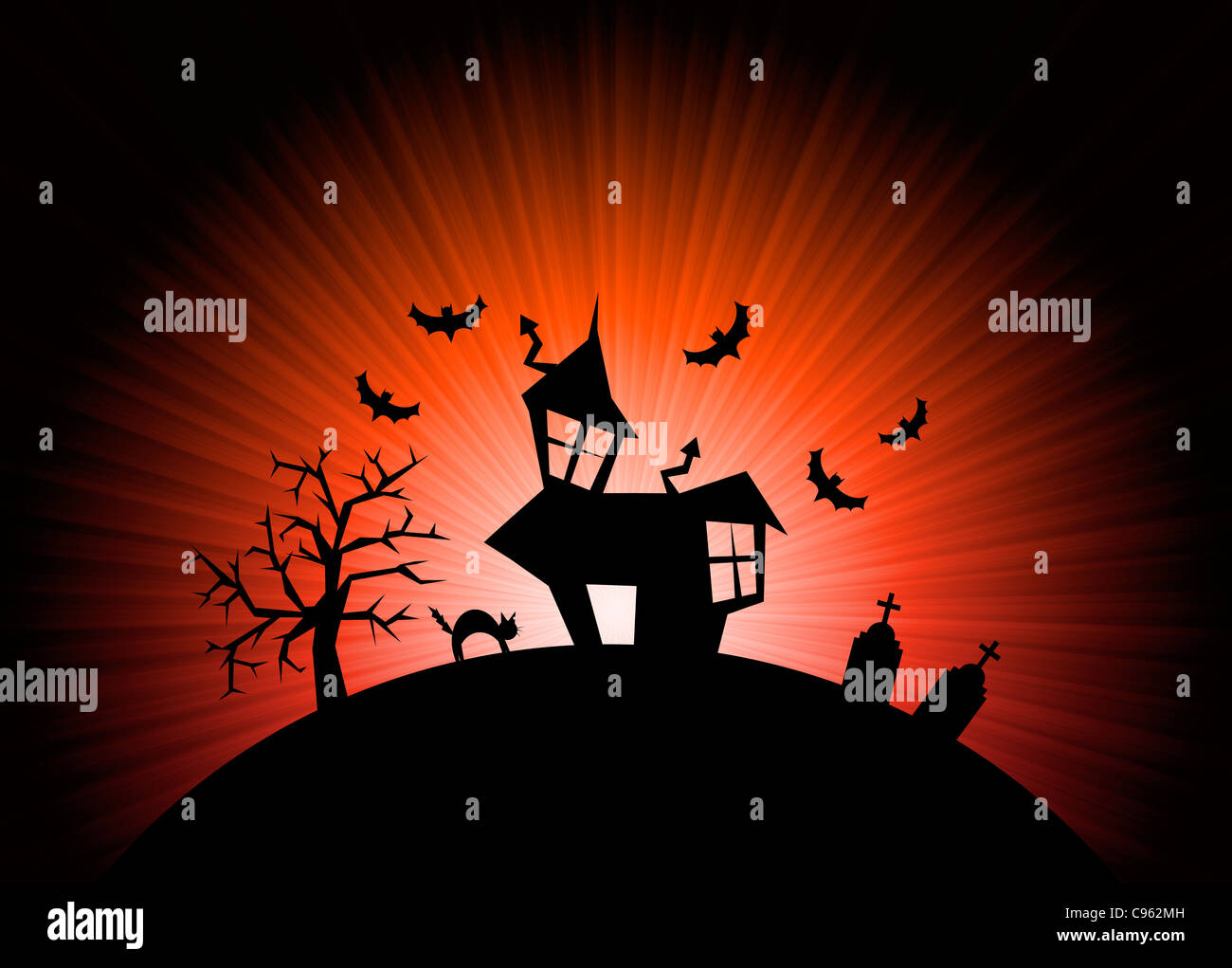 Terror night halloween background with house, cat, tombs and trees ...