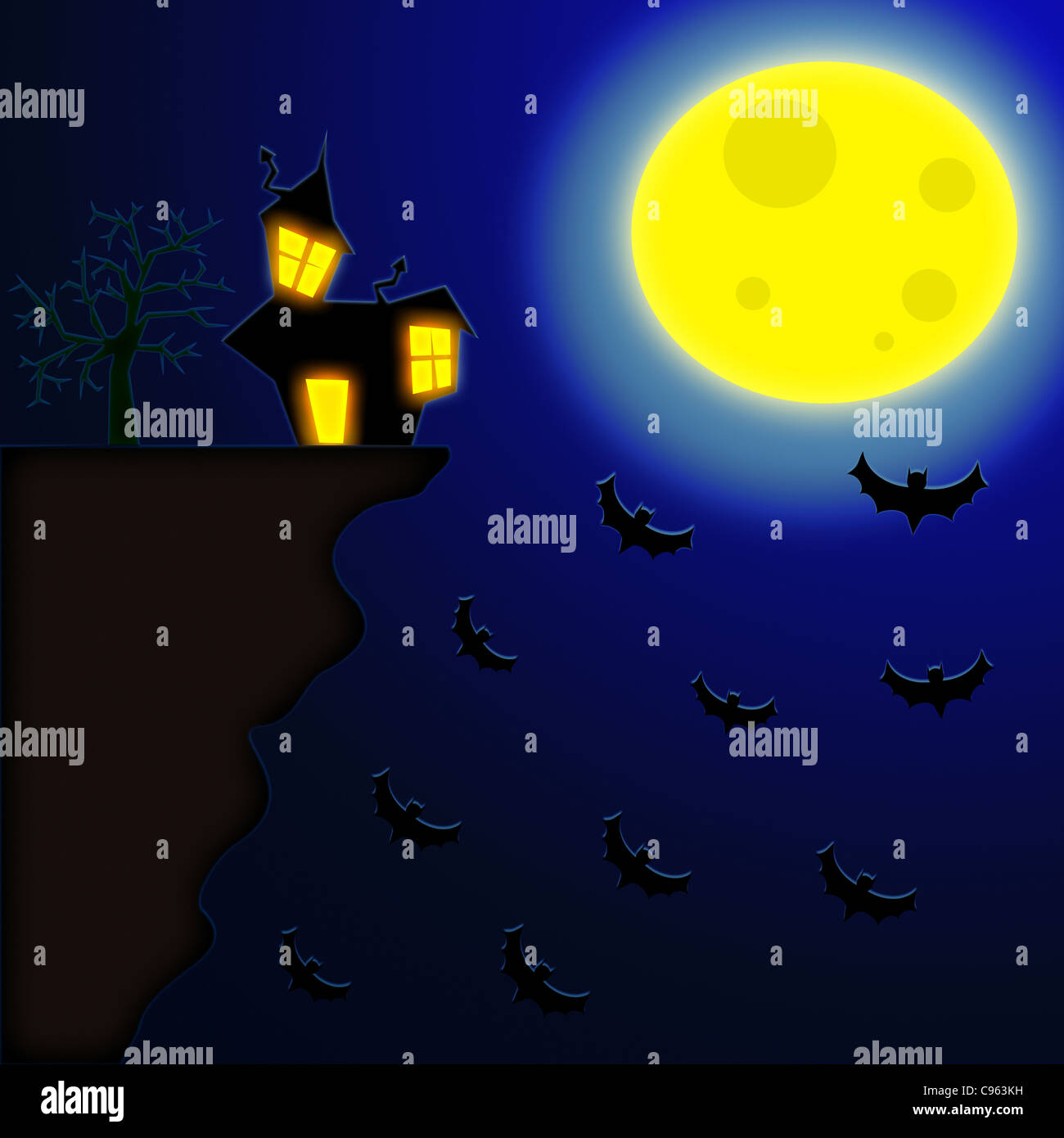 Terror night halloween background with house near a risky cliff and ...