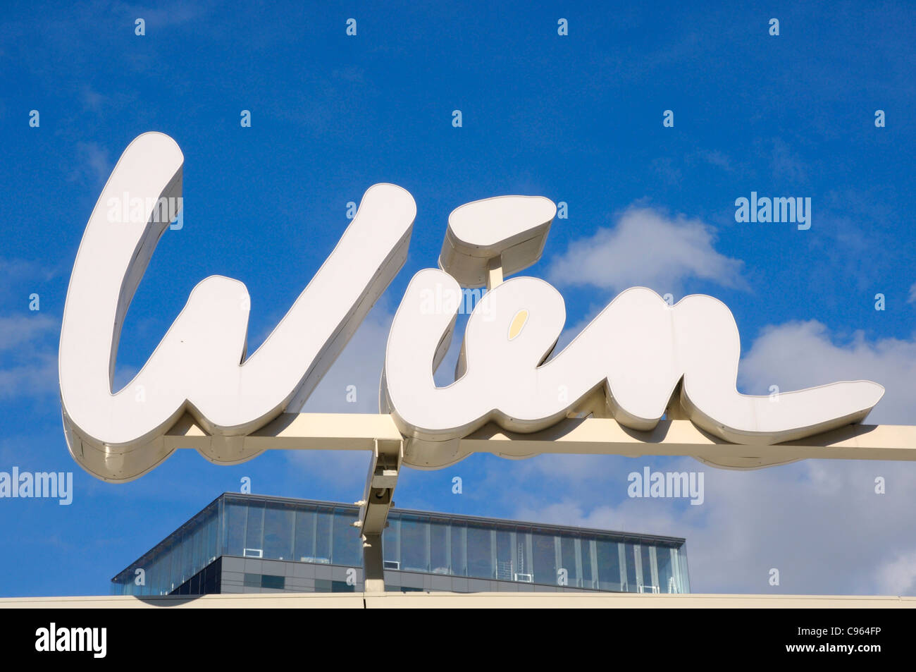 Vienna logo at the pier at the Vienna City Schwedenplatz Stock Photo ...
