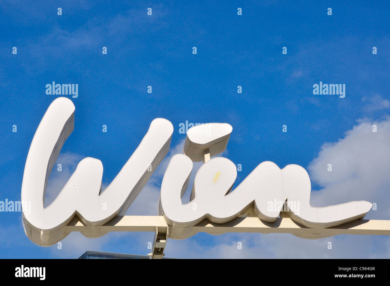 Vienna logo at the pier at the Vienna City Schwedenplatz Stock Photo ...