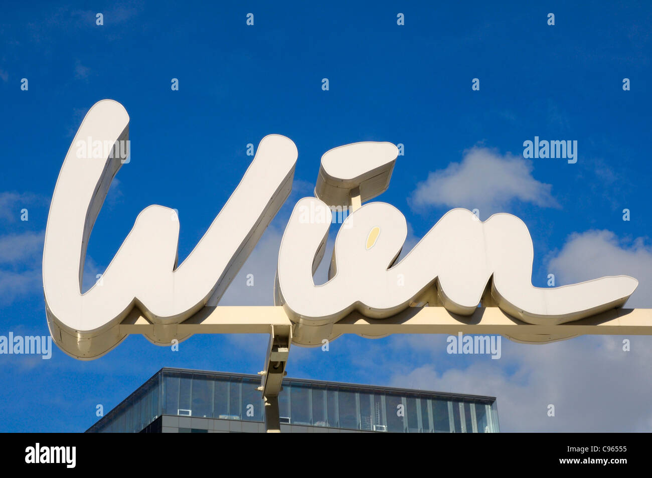 Vienna logo at the pier at the Vienna City Schwedenplatz Stock Photo ...