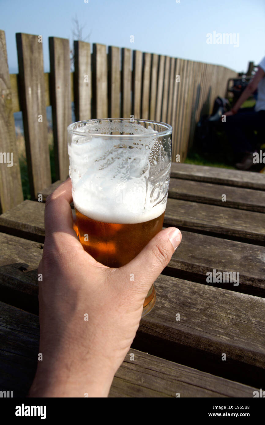 A man drinking a pint of beer in the sunshine, England, UK Stock Photo ...