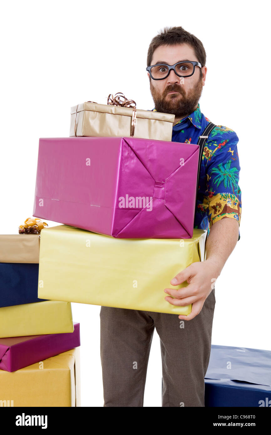 happy silly salesman with some boxes, isolated on white Stock Photo - Alamy